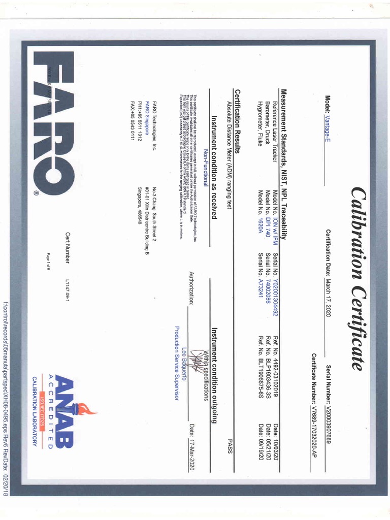 Faro Vantage E Laser Tracker Calibration Critificate | PDF ...