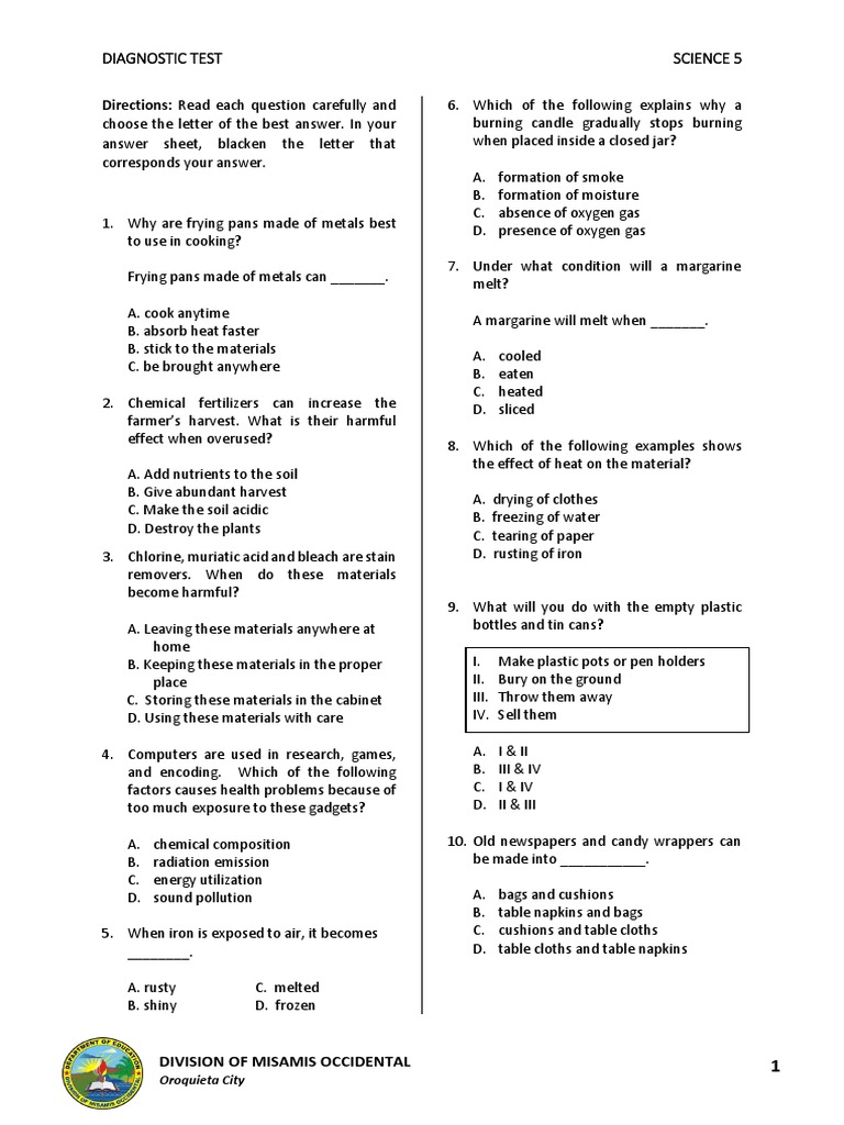 Grade 5 Science Diagnostic Test | PDF | Ovary | Soil