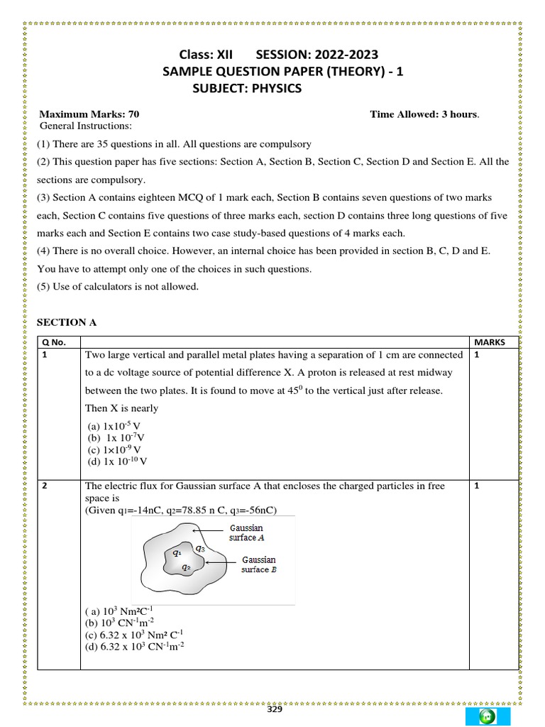 Physics Sample Paper 1: Analysis of Sample Question Paper for Class 12 Physics Exam | PDF | P–N ...