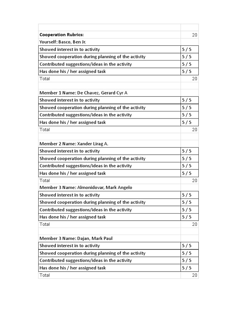 Cooperation Rubrics for Team Activities | PDF