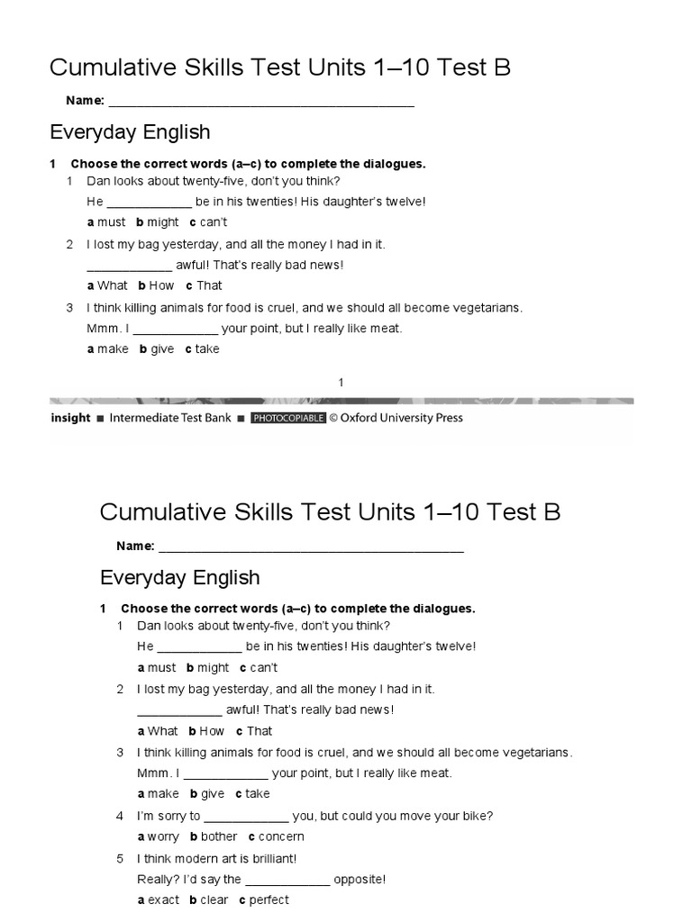 Cumulative Skills Test Units 1-10 B | PDF | Elephant | Meat