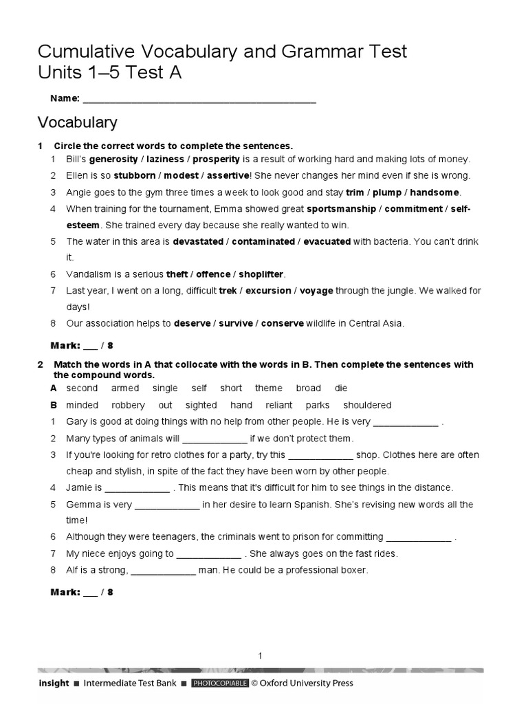 Cumulative Vocabulary + Grammar Test Units 1-5 Test A | PDF | Linguistics