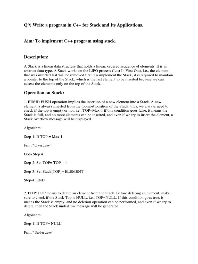 Q9) Write A Program in C++ For Stack and Its Applications | PDF | Algorithms And Data Structures ...
