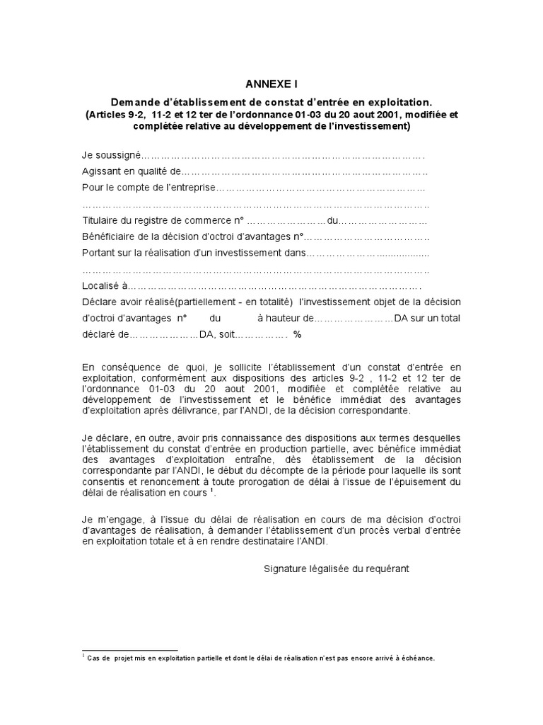 ANDI Demande Constat Entree Exploitation | PDF