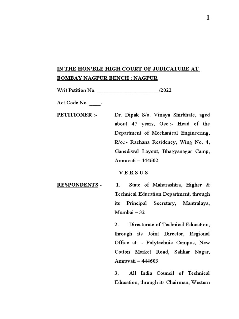 Revised Draft Writ Petition _ Dipak AICTE 30112022 | PDF | Salary | Diploma