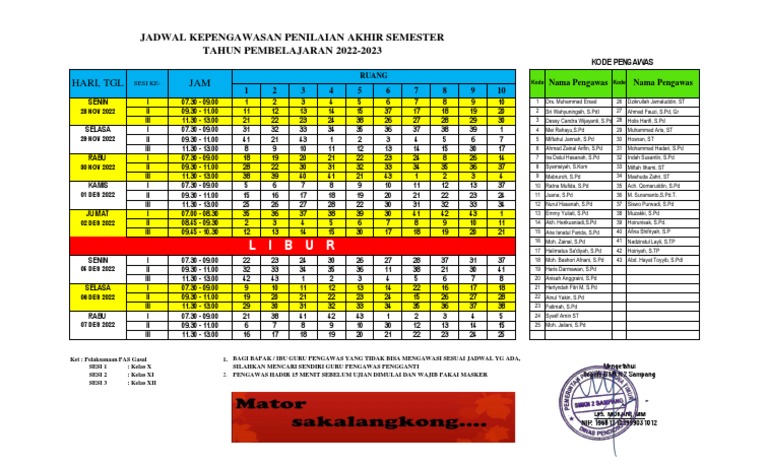 Jadwal Pengawas Pas 2022-2023 | PDF