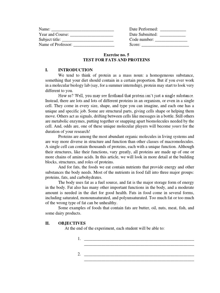 Exp. 5 Test For Fats and Proteins | PDF | Proteins | Fat