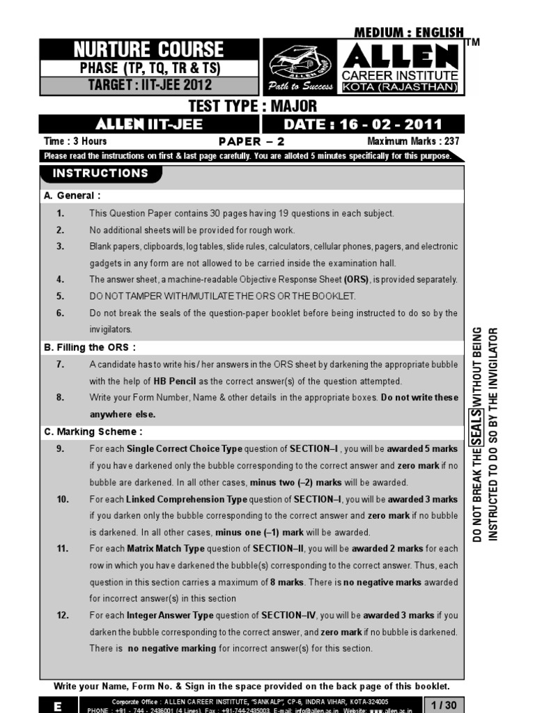 Nurture Course: Test Type: Major | PDF | Teaching Mathematics