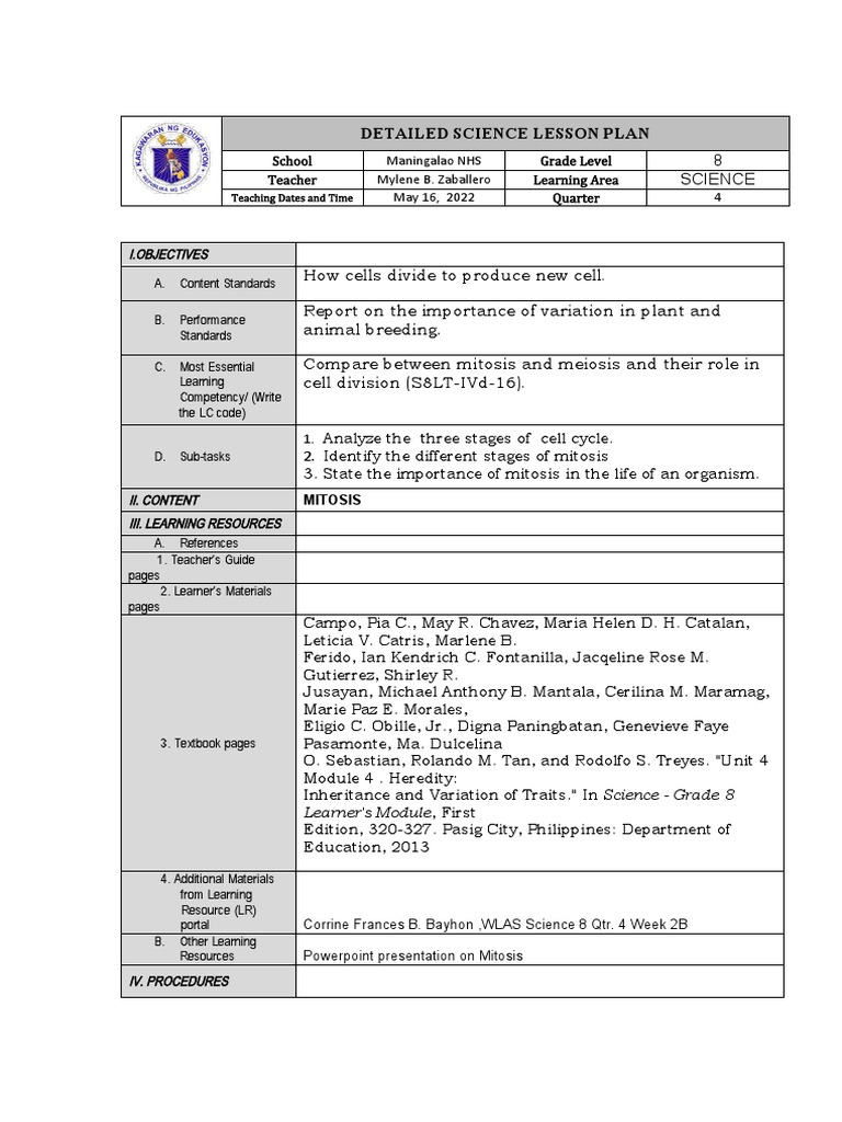 DLP SCIENCE 8 4th QTR Week 2 | PDF | Mitosis | Cell Biology