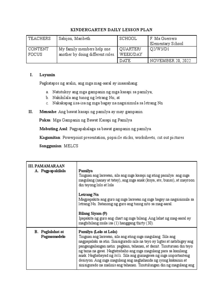 Kindergarten DLP Q2 Week 2 Monday | PDF