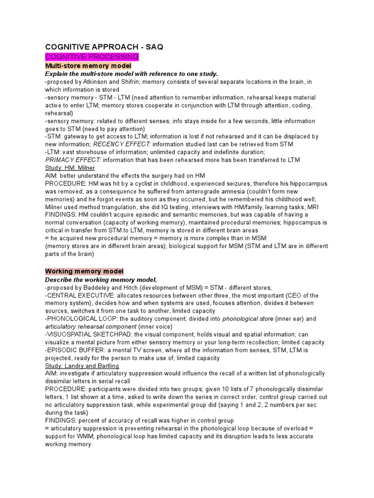 Psychology Cognitive Approach | PDF | Memory | Schema (Psychology)