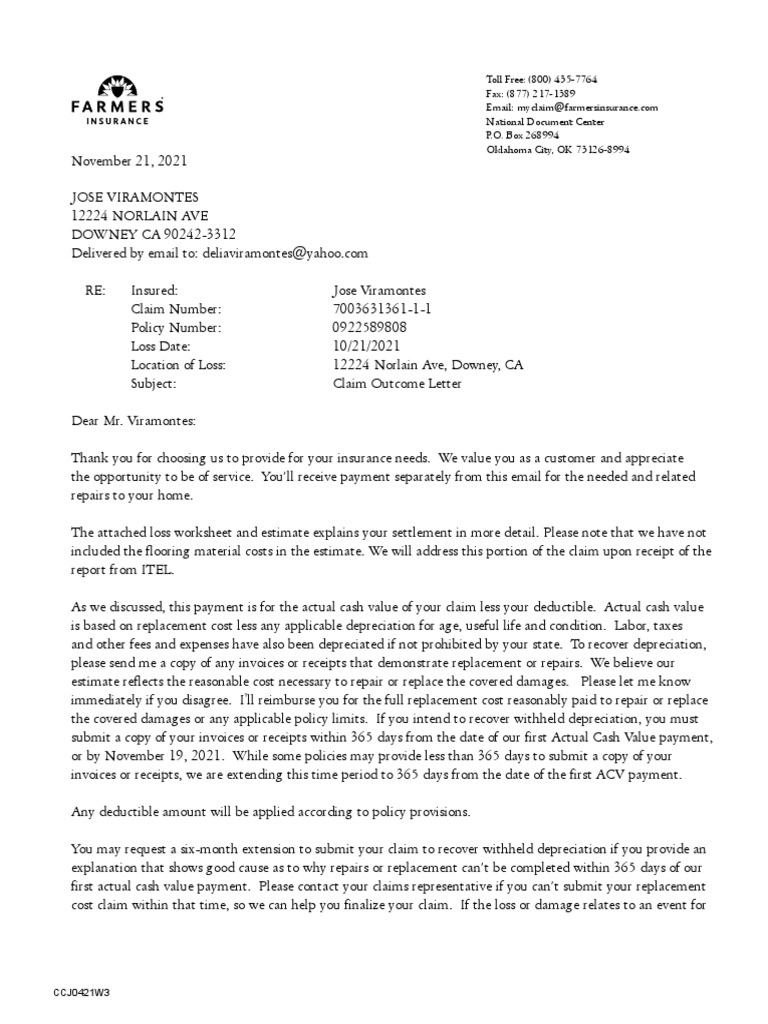Farmers Insurance Claim Outcome Letter | PDF | Depreciation | Payments
