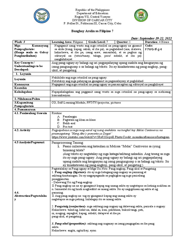 Iplan - q1 - Fil7 - Aralin 5-Pang-Ugnay | PDF