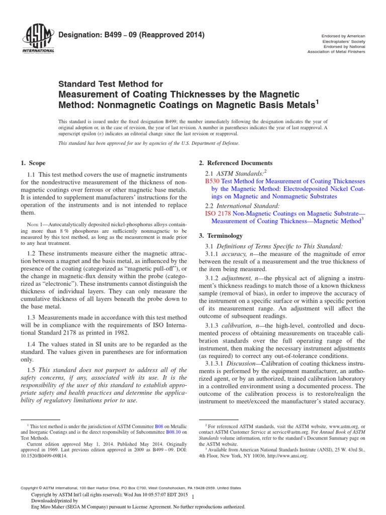 ASTM B499-09 (Coating Thickness Test) | PDF | Calibration | Magnetic Field