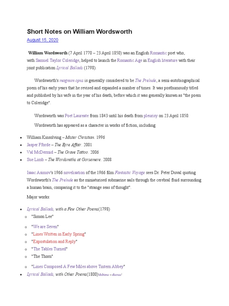 Short Notes On William Wordsworth | PDF | William Wordsworth | Poetry