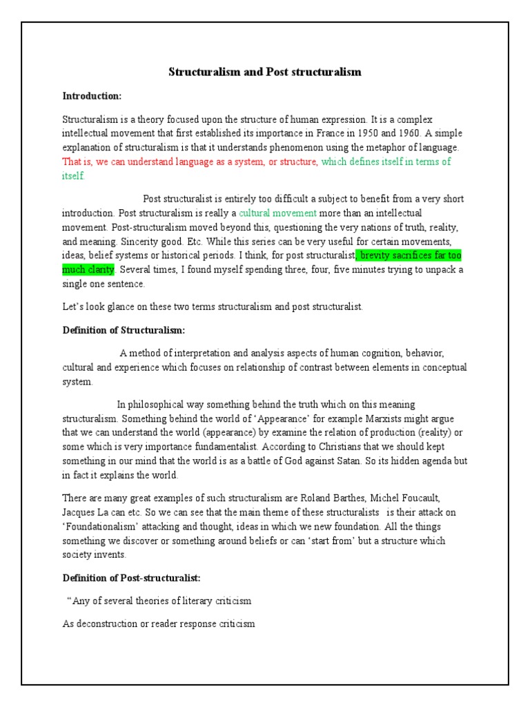 Structuralism and Post Structuralism | PDF | Deconstruction | Cognitive Science