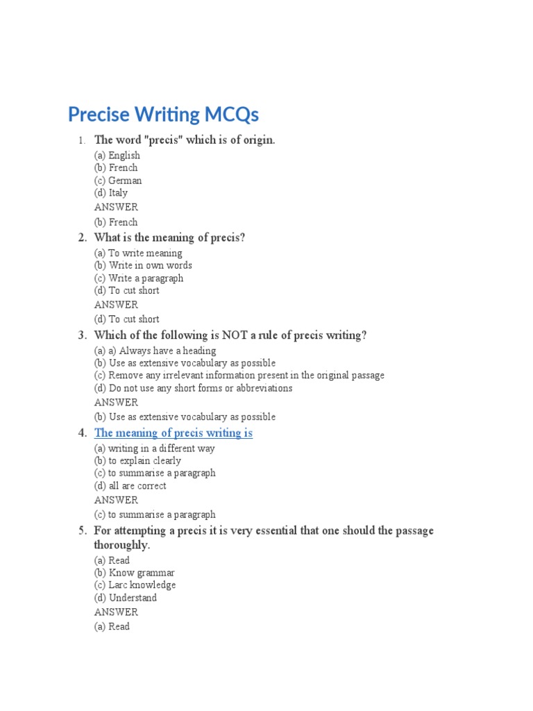 Precis Writing Mcqs | Download Free PDF | Vocabulary | Human Communication