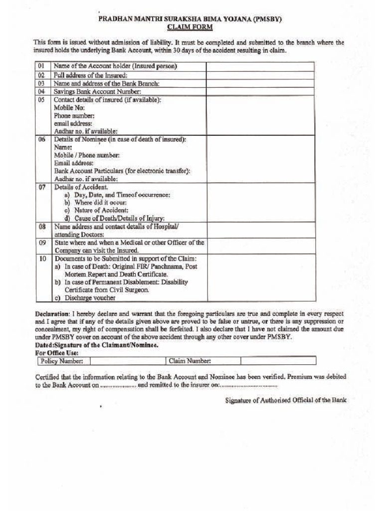 PMJJBY Claim Form PMSBY | PDF
