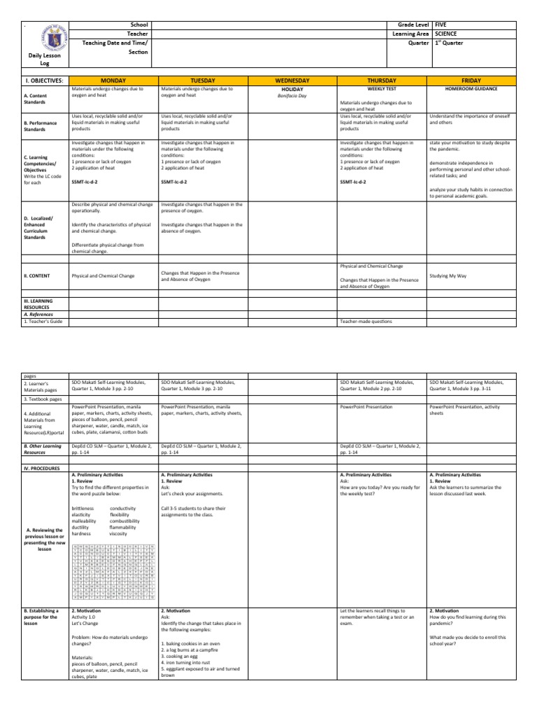 Science-Dll-Week-4-Quarter 1 | PDF | Fires | Learning