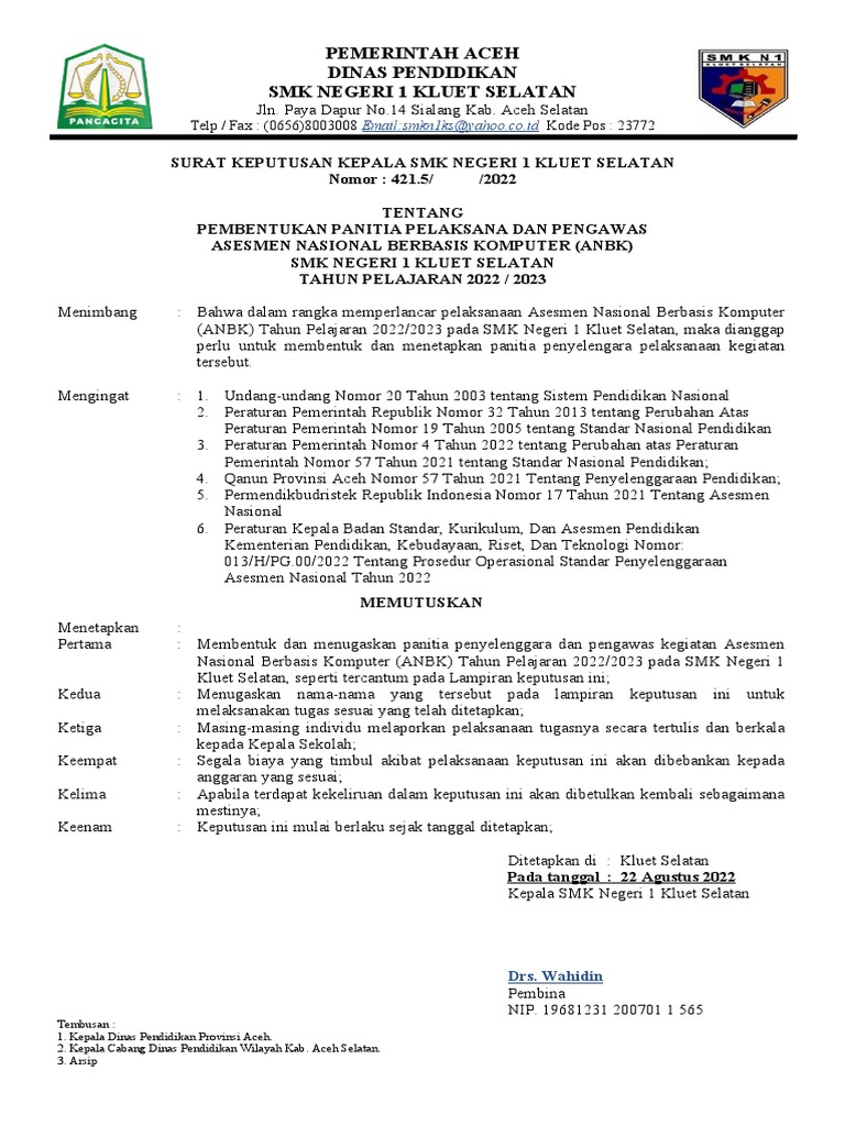 SK Panitia Dan Pengawas ANBK 2022 | PDF