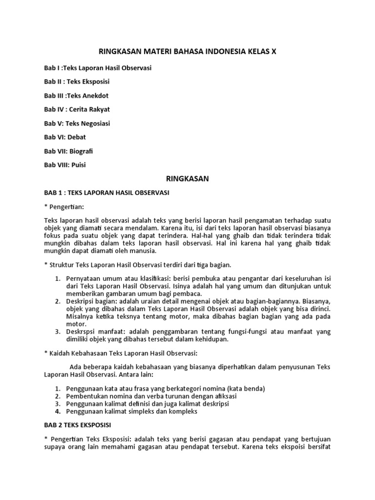 RINGKASAN MATERI BINDO X SEM 1 Dan 2 | PDF