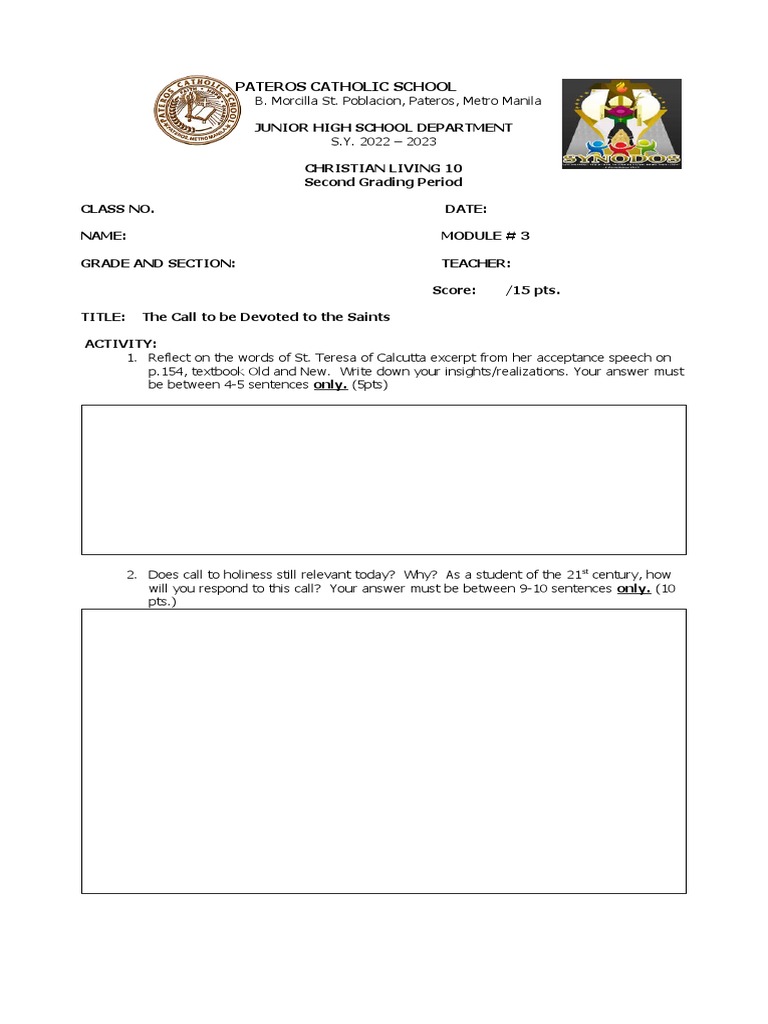 CL 10 Q2 M3 The Call To Be Devoted To The Saints Students Activity Genyo SY 2022 2023 | PDF