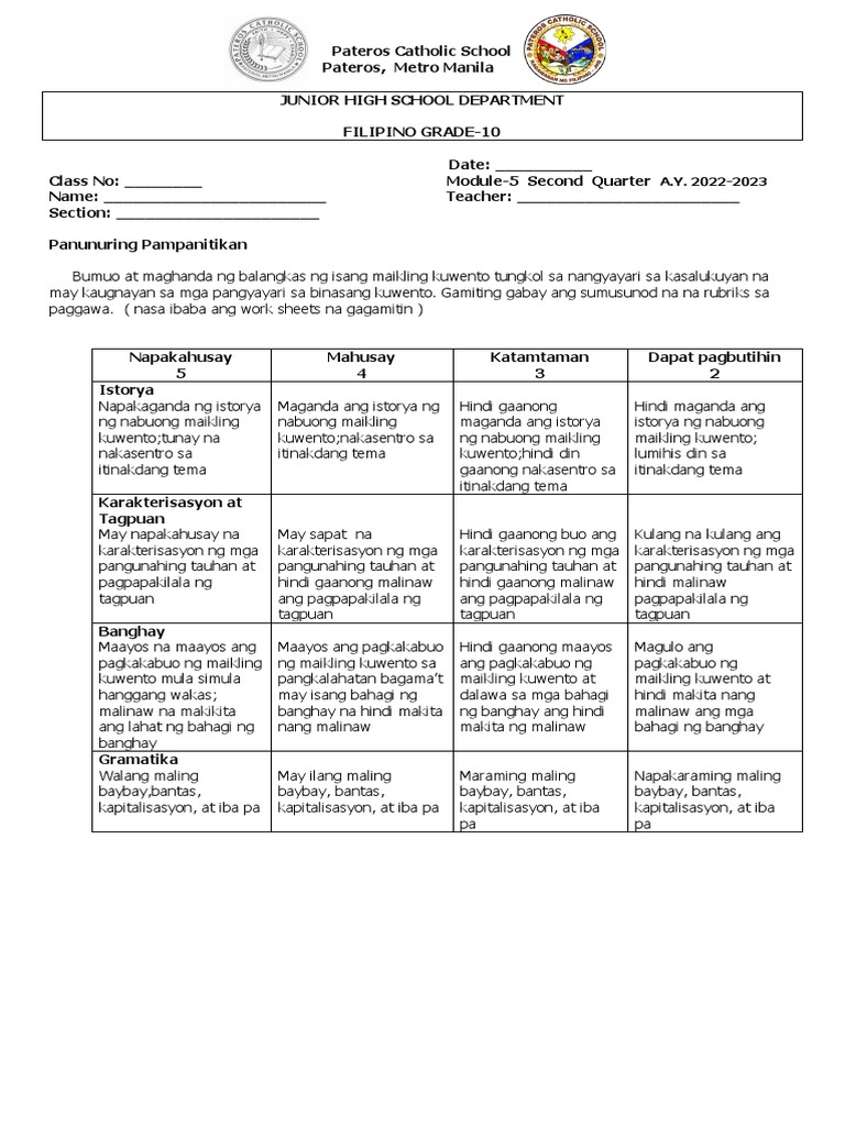 Quarter 2 Week 5 Pagsusuring Pampanitikan Maikling Kuwento | PDF