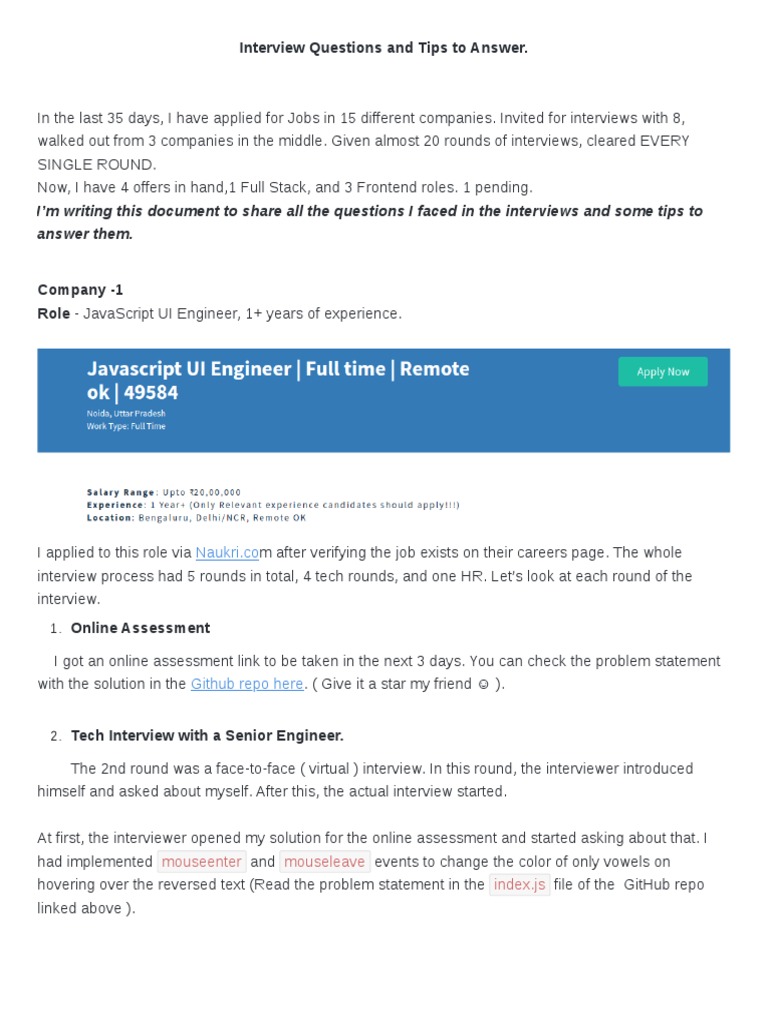 Interview Questions and Tips To Answer 9YLM4Pf2 | PDF | Java Script | Software Development