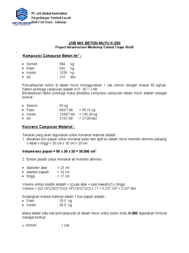 Komposisi Beton K-250 untuk Proyek Infrastruktur | PDF