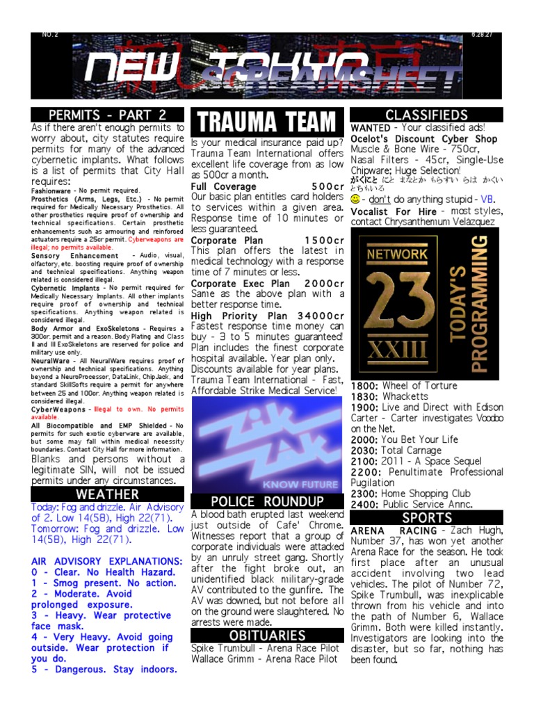 Cyberpunk 2020 - Net - Flavor - New Tolyo Screamsheet 2 by Jon Smejka | PDF | Prosthesis