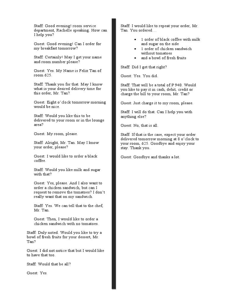 Taking Room Service Order (Script) | PDF