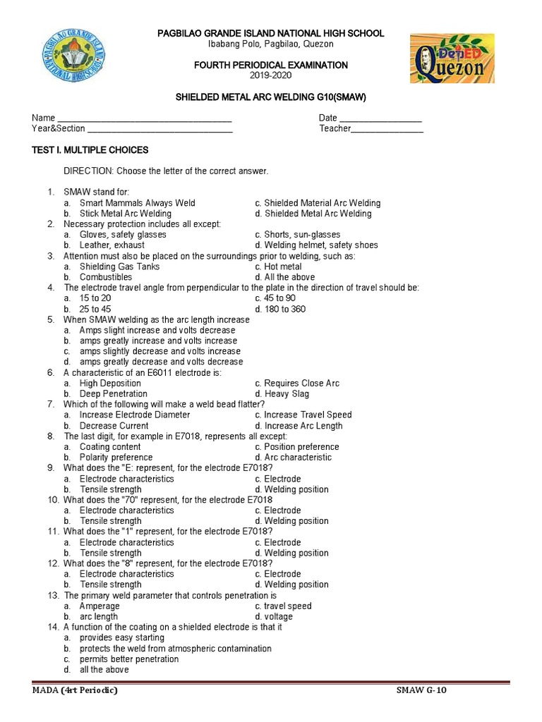 SMAW Post Test | PDF | Construction | Welding