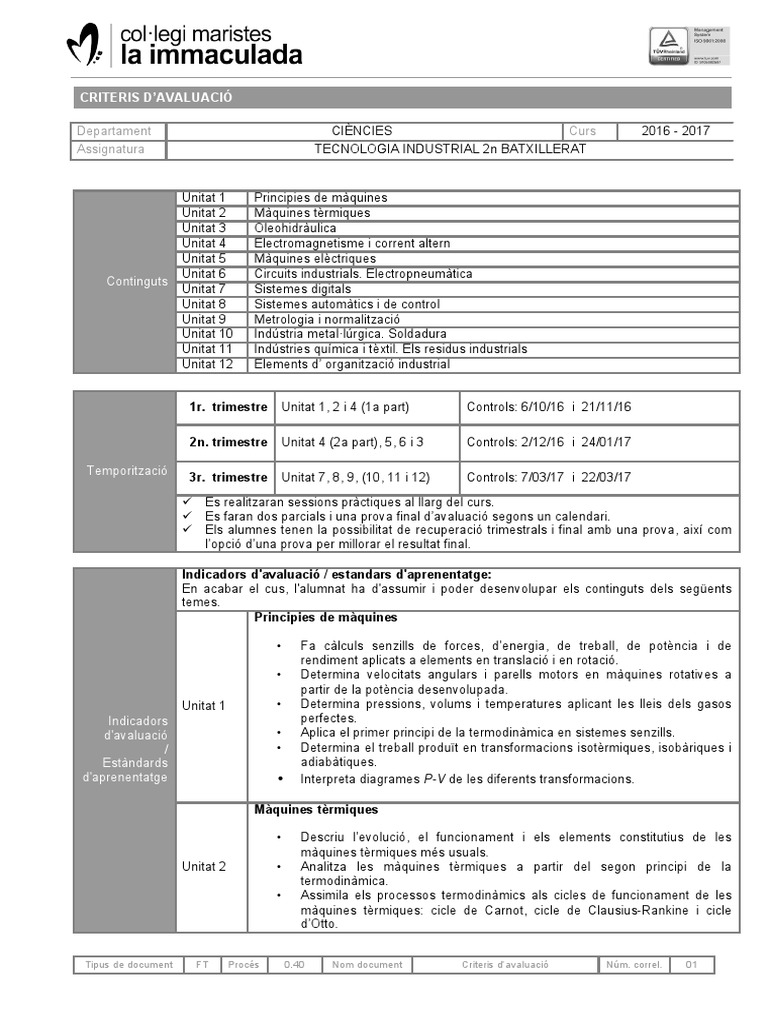 2016-17 Criteris TECNOLOGIA INDUSTRIAL 2n BAT | PDF