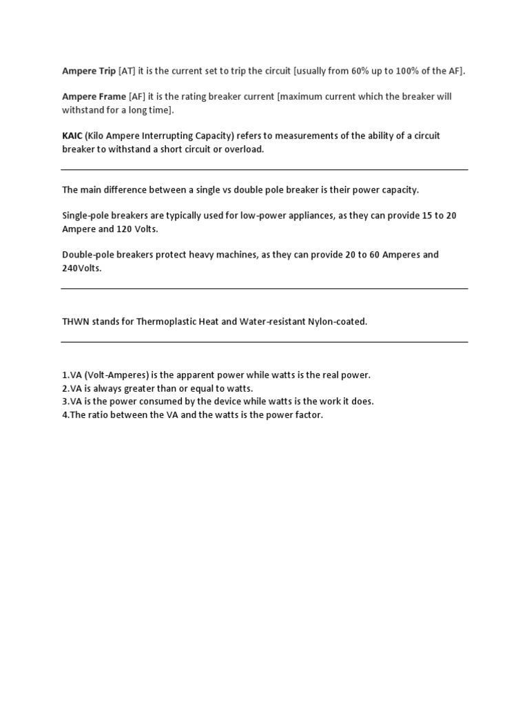 Key Electrical Concepts: Circuit Breakers, Wire Types, Power Ratings ...
