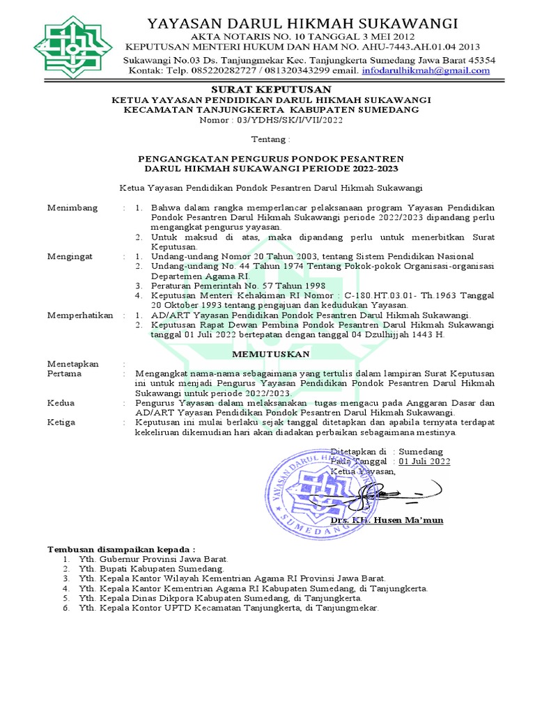 SK Pengurus Pesantren 2022-2023 | PDF