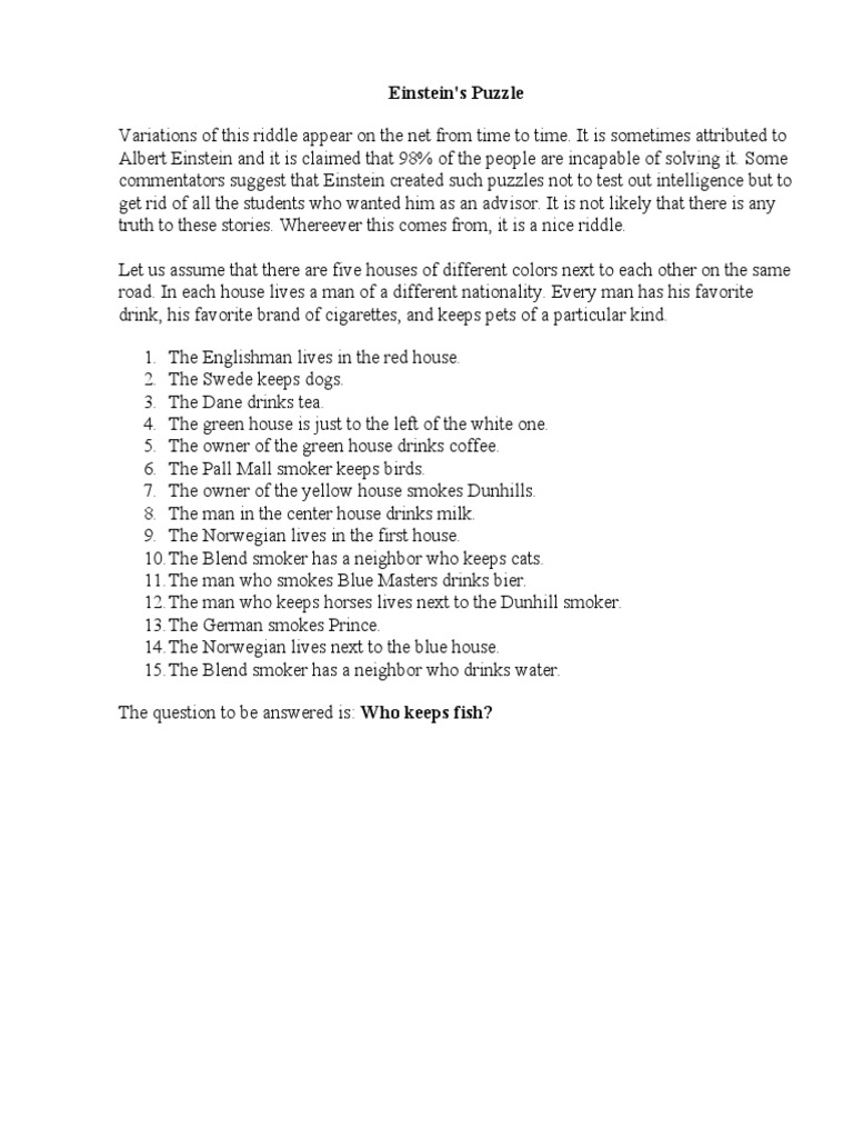 Einstein's House Riddle Explained | PDF