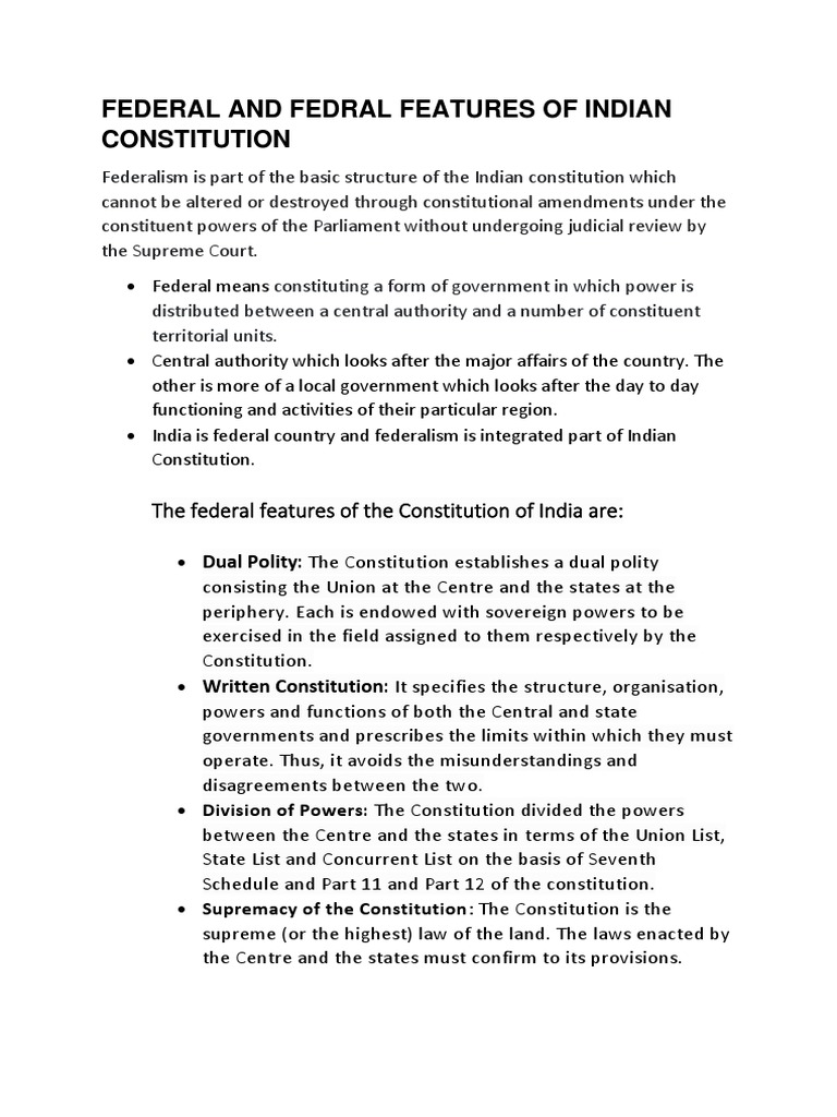 Federal and Fedral Features of Indian Constitution | PDF | Taxes | U.S ...