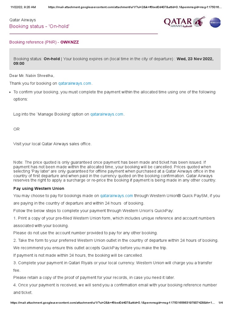 Booking Status - 'On-Hold': Booking Reference (PNR) - OWKNZZ | PDF | Fee | Airport