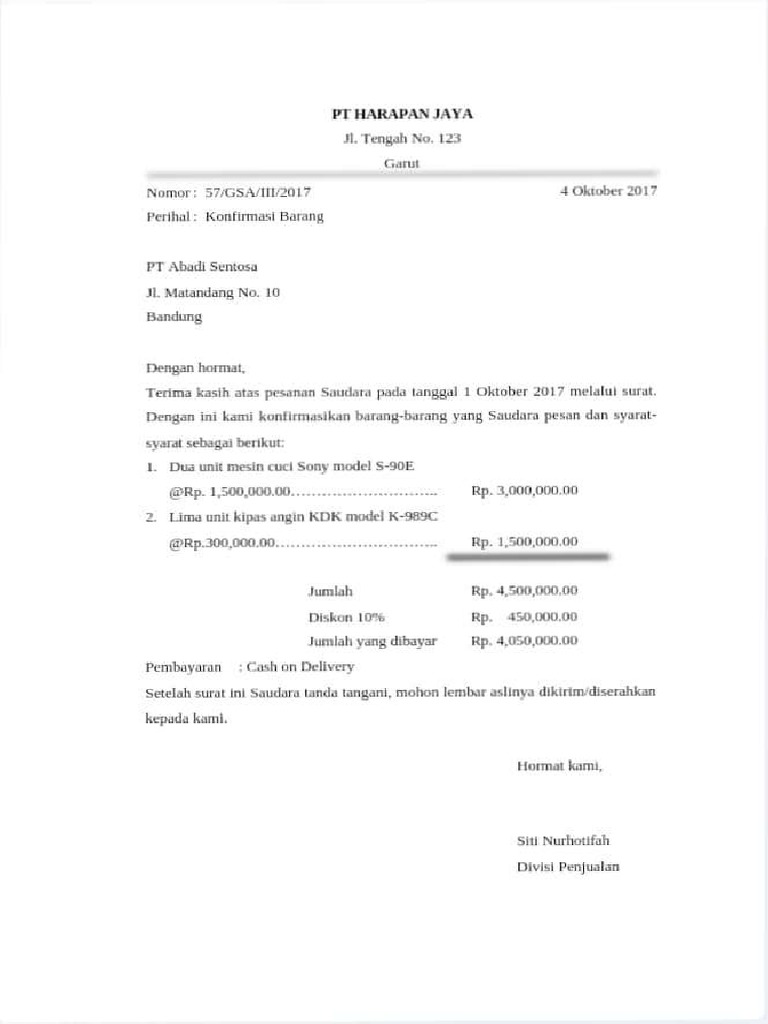 Contoh Surat Konfirmasi Barang | PDF Contoh Surat Konfirmasi Barang | PDF