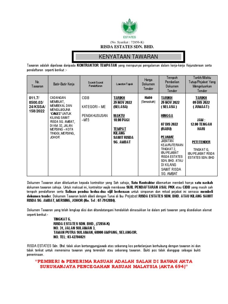 Iklan Tender 2022 Cages Kssa | PDF
