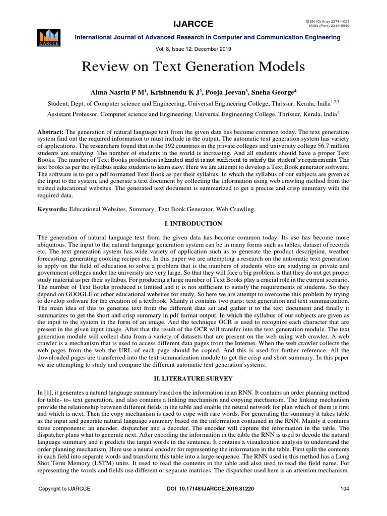 Ijarcce.2019.81220text Gen Model | Download Free PDF | Internet & Web | World Wide Web