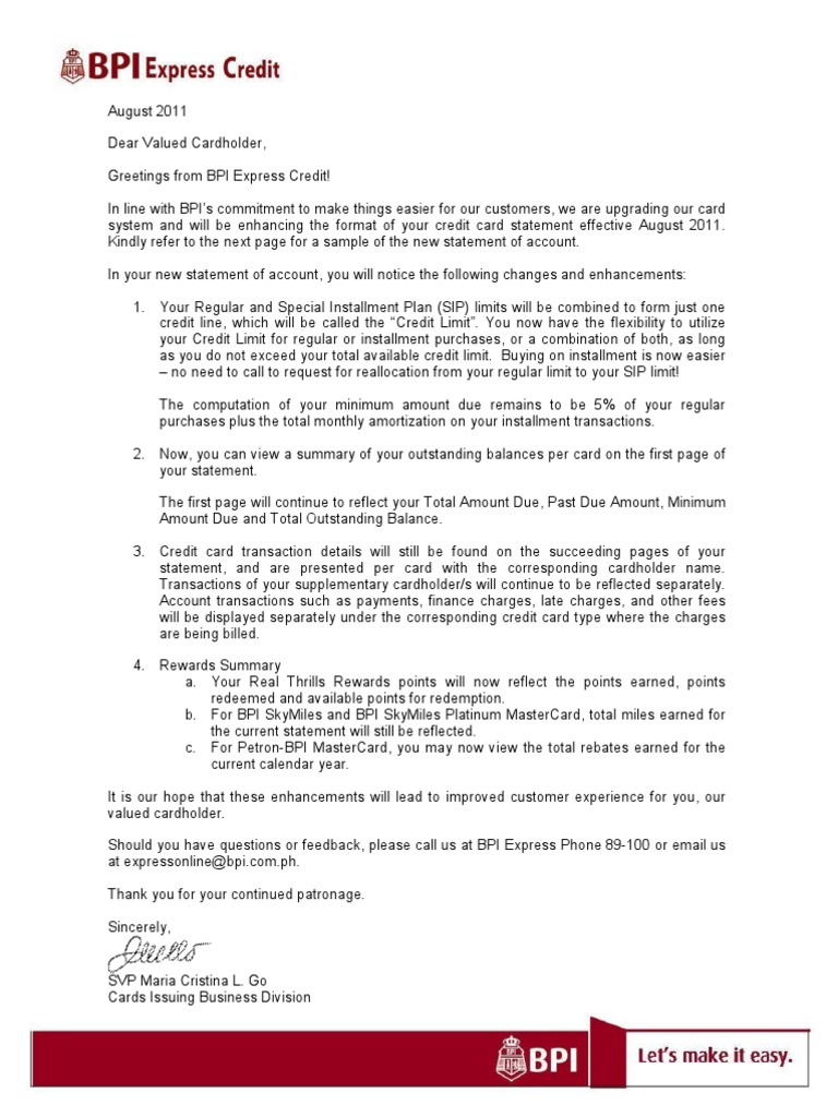 Letter to Credit Card Holders | Credit Card | Financial Transaction