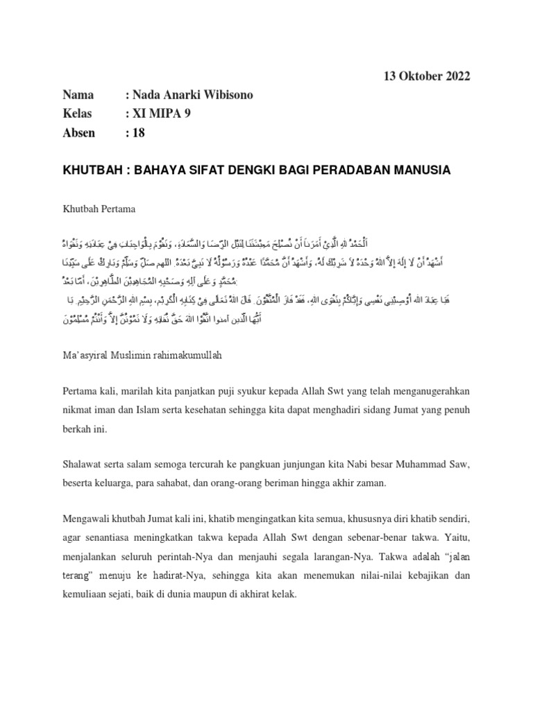Khutbah-Bahaya Sifat Dengki Bagi Peradaban Manusia | PDF