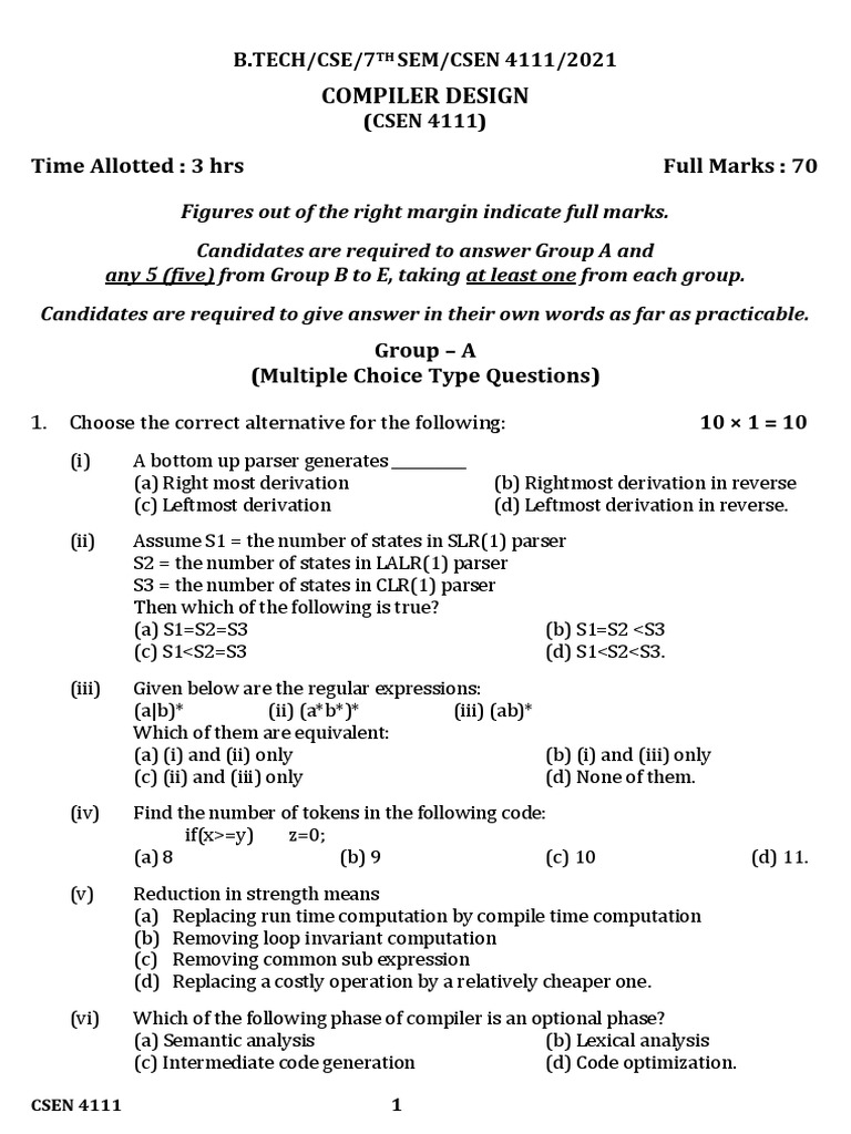 2021 - Compiler Design (Csen 4111) | PDF | Parsing | Compiler