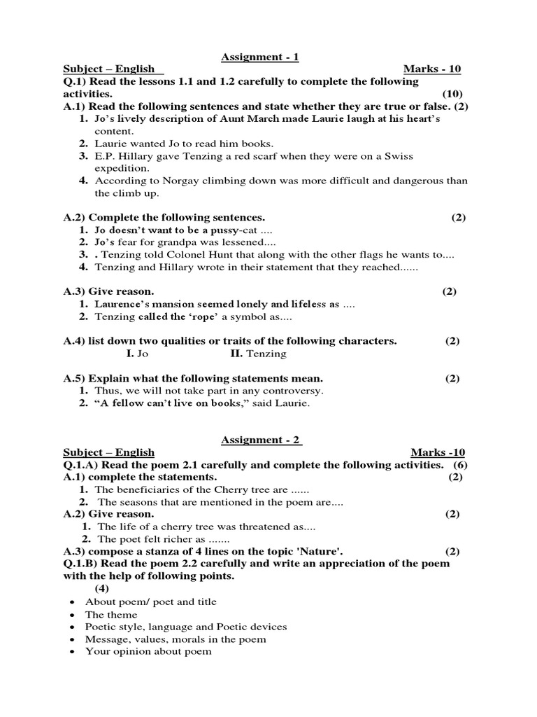Assignments of English (11th) | PDF | Poetry