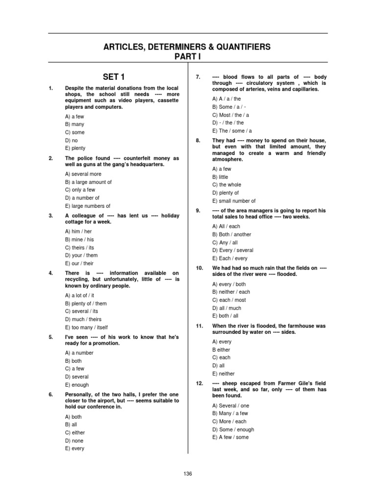 Articles DETERMINERS & QUANTIFIERS Test | PDF