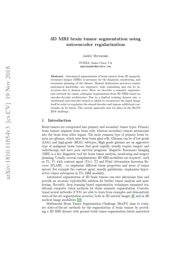 3D MRI Brain Tumor Segmentation Using Autoencoder Regularization | PDF ...