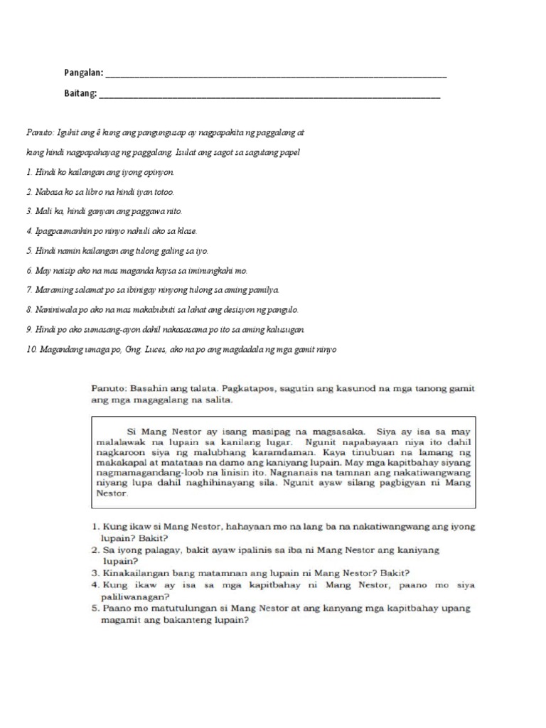 Magalang Na Pananalita Activity Sheet | PDF