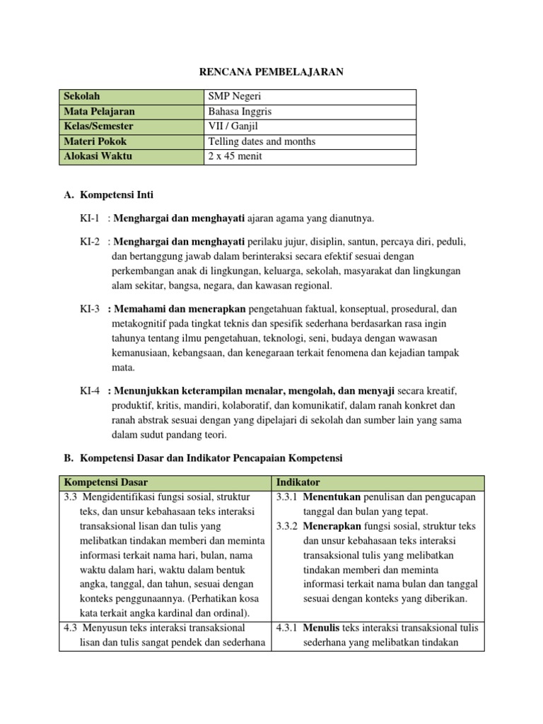 RPP Telling Dates untuk SMP Kelas 7 | PDF | Karier & Perkembangan