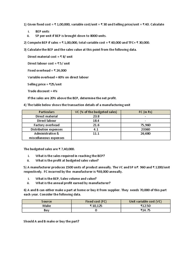 Unit-1 Chap-5 BEP (Problems) | PDF | Market (Economics) | Business ...